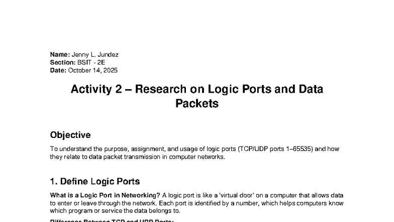 Activity 2: Research on Logic Ports & Data Packets - BSIT 2E - Studocu