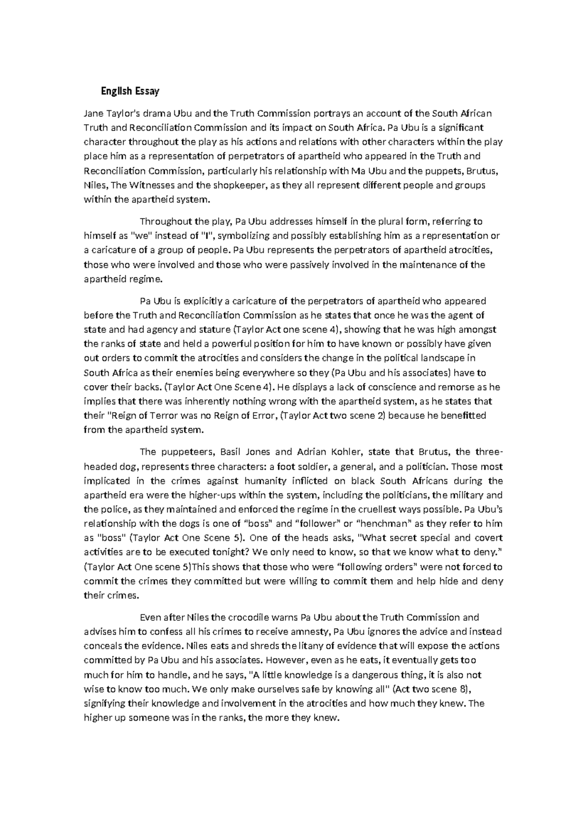 ENG 201: Essay on Ubu and the Truth Commission Analysis - Studocu