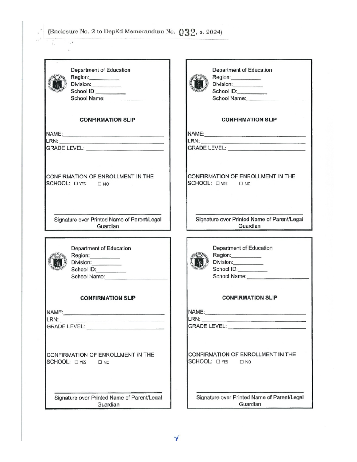 Confirmation Slip for Enrollment - DepEd Memo No. 032, S. 2024 - Studocu