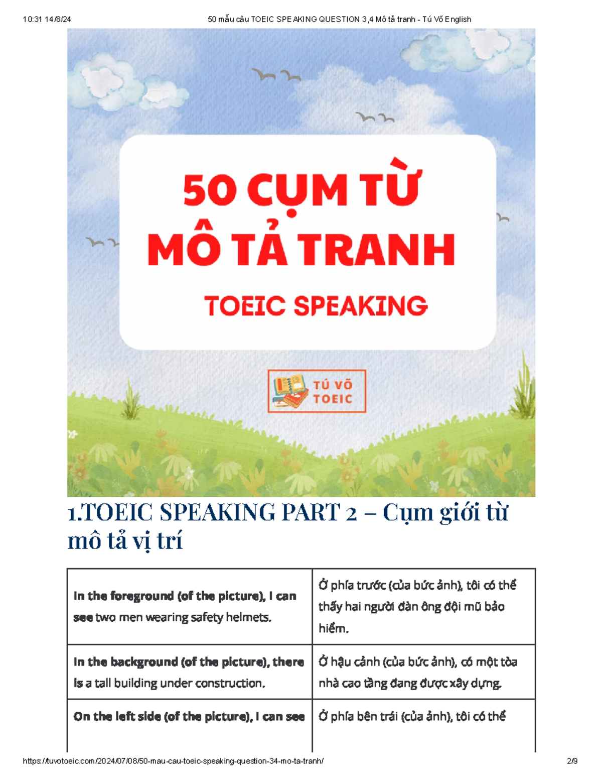 50 mẫu câu Toeic Speaking Question 3,4 Mô tả tranh - Tú Võ English-các ...