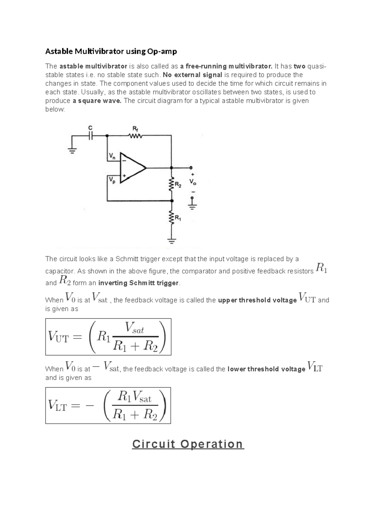 Astable Multivibrator Using Op-Amp: Circuit Operation Explained - Studocu