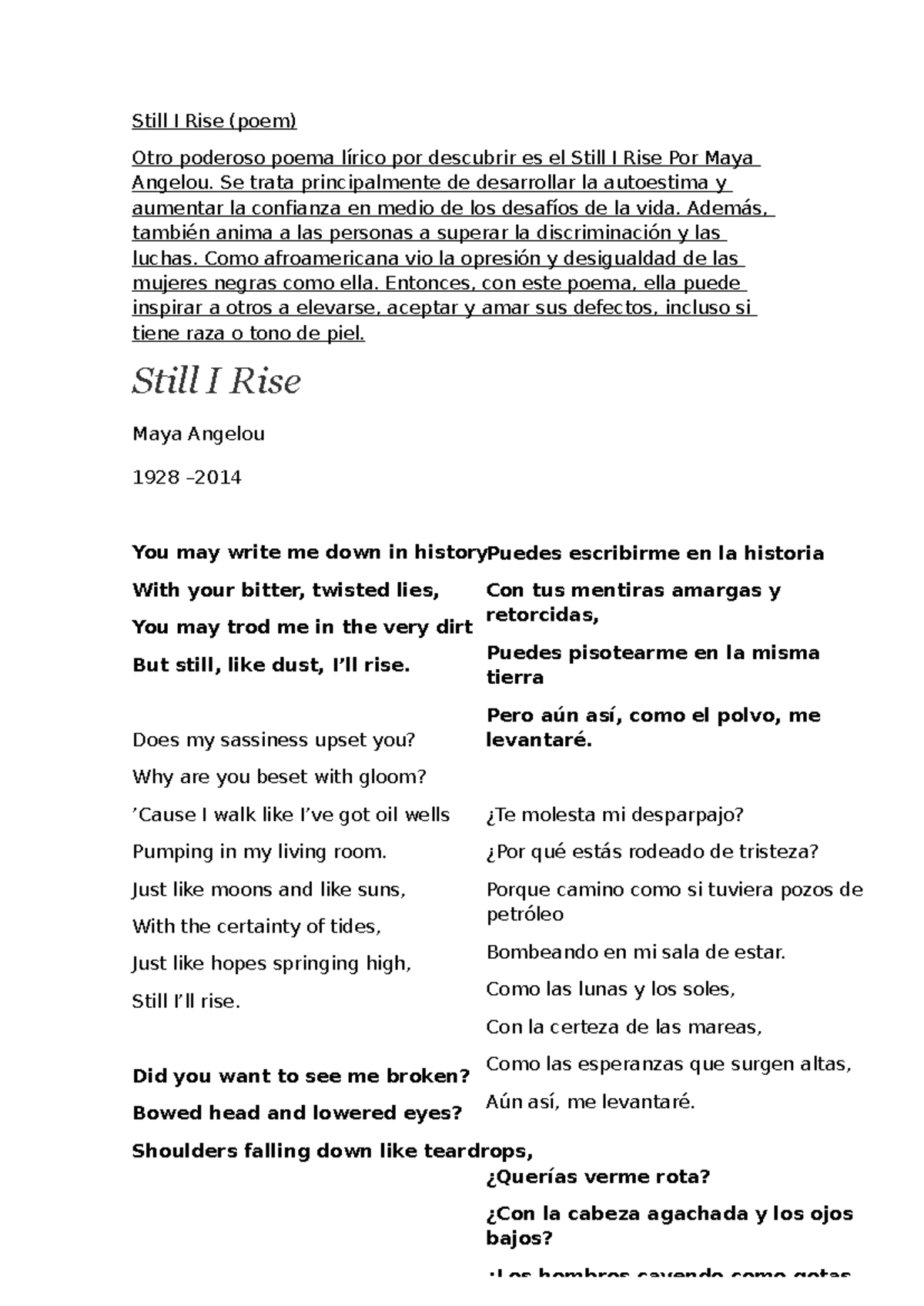 Análisis del poema "Still I Rise" de Maya Angelou - Studocu