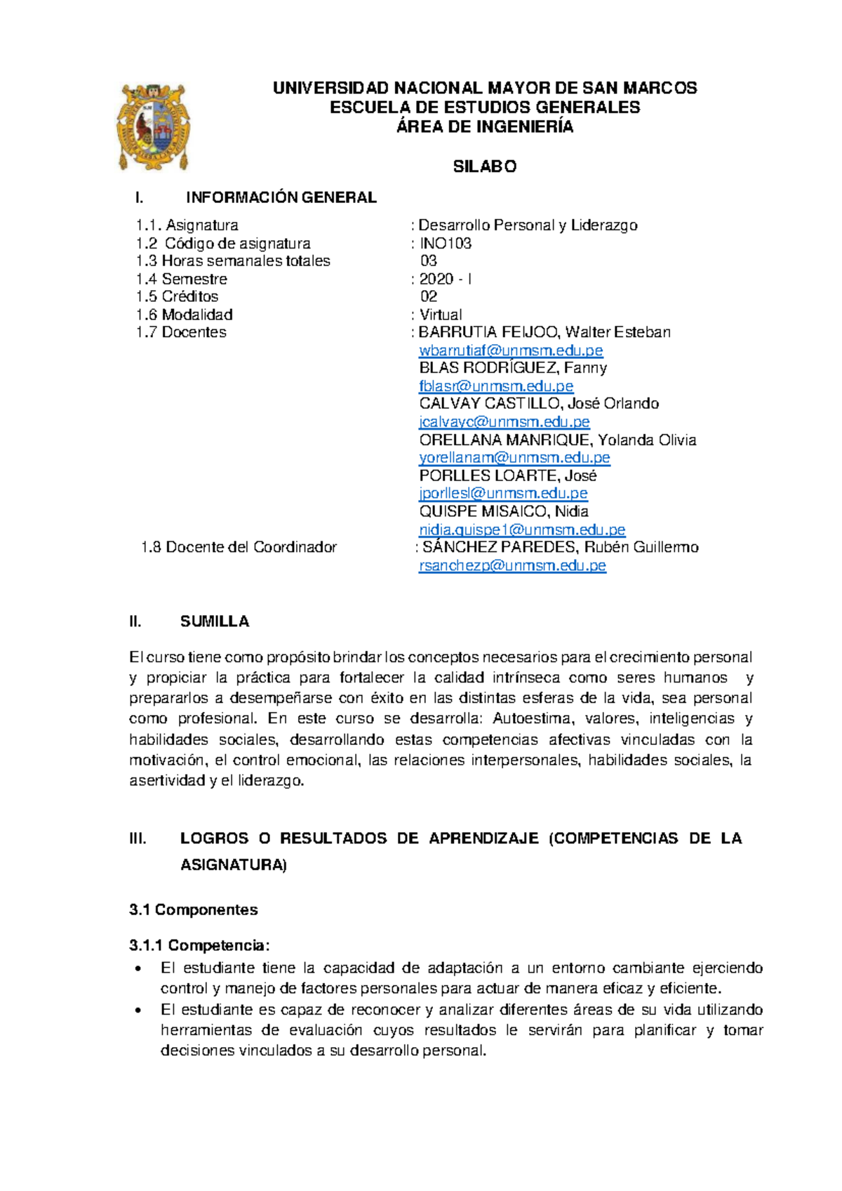 Silabo INO103: Desarrollo Personal y Liderazgo - 2020 I - Studocu