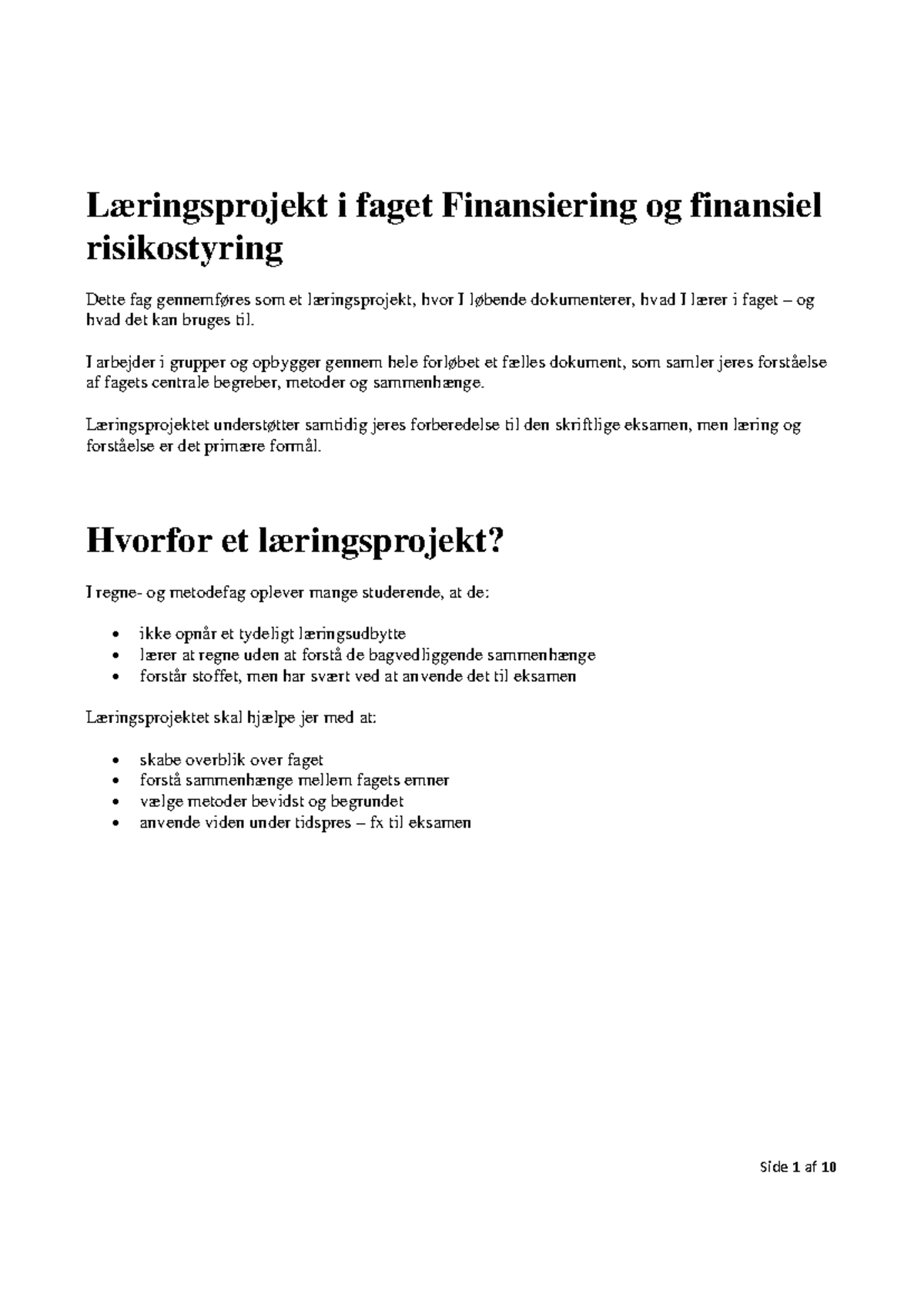 Læringsprojekt: Finansiering og Risikostyring - Eksamensforberedelse ...