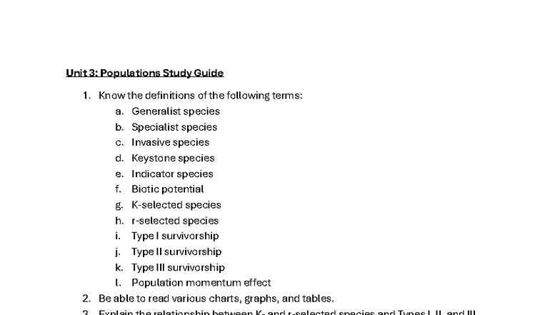 Unit 3: Populations Study Guide - Key Concepts & Formulas - Studocu