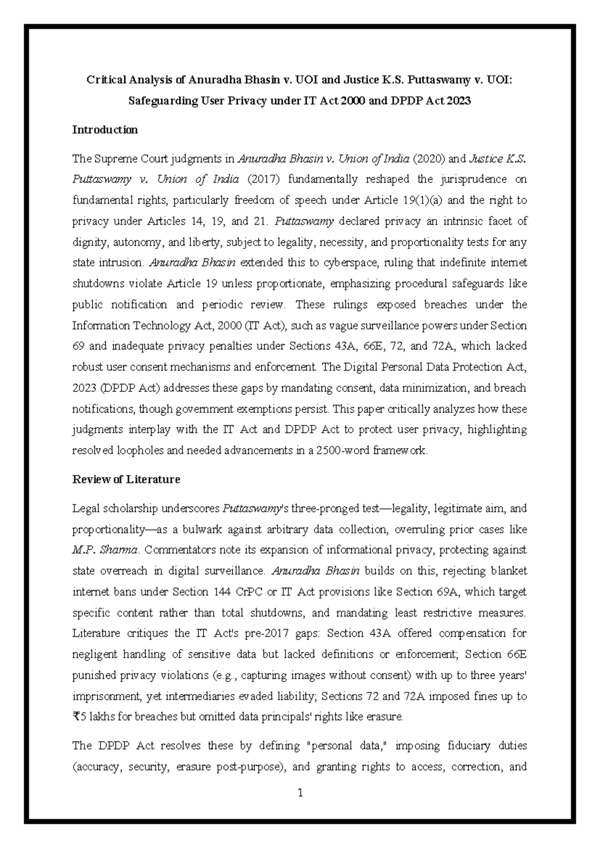 Critical Analysis of Anuradha Bhasin v. UOI & K.S. Puttaswamy v. UOI ...