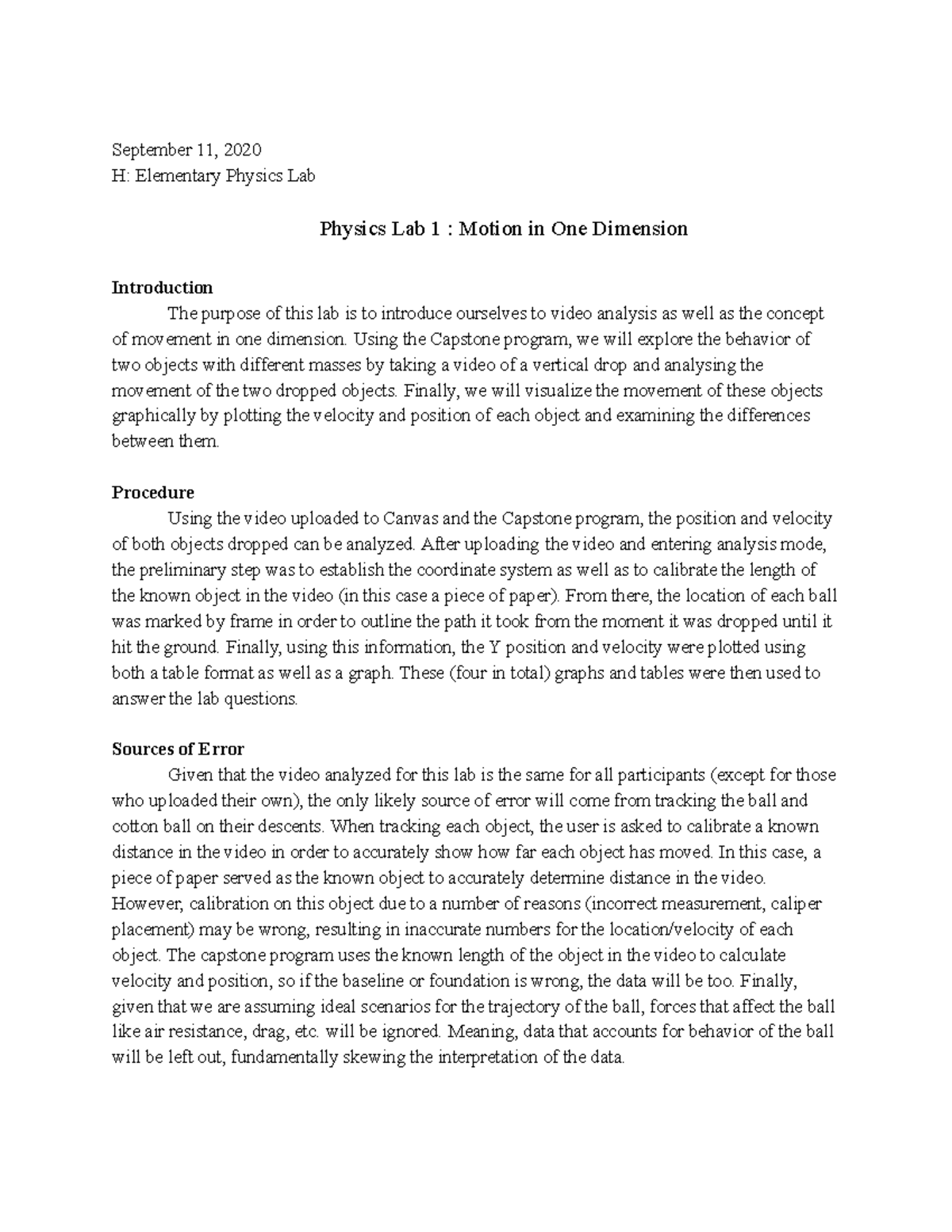 Physics Lab 1 - September 11, 2020 H: Elementary Physics Lab Physics ...