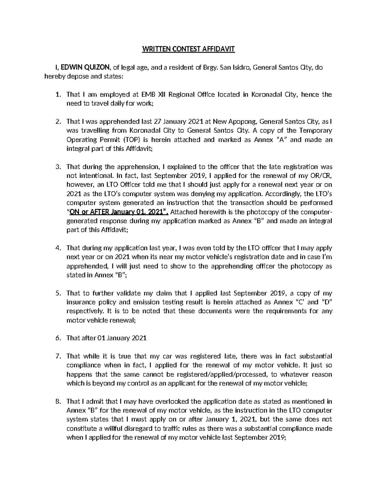 Affidavit - WRITTEN CONTEST AFFIDAVIT I, EDWIN QUIZON, of legal age ...