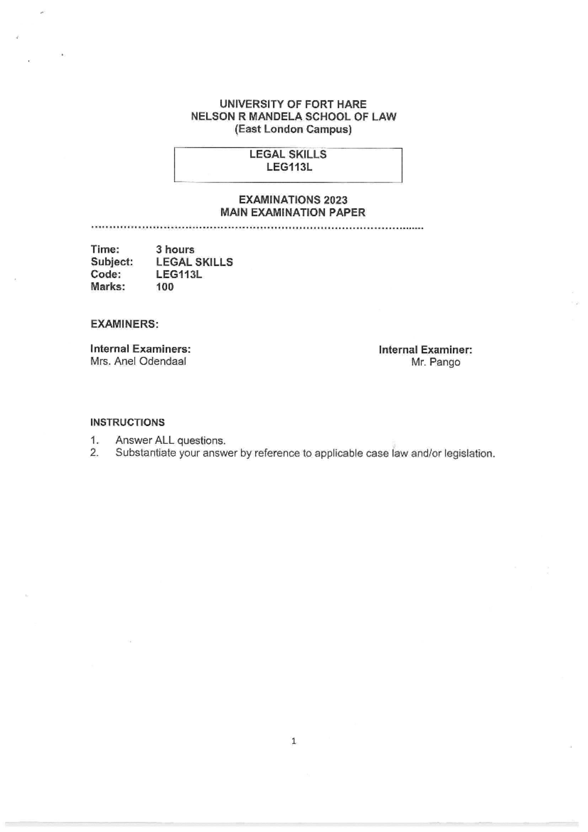 Legal Skills Exam Paper LEG113L - Main Examination 2023 Guide - Studocu