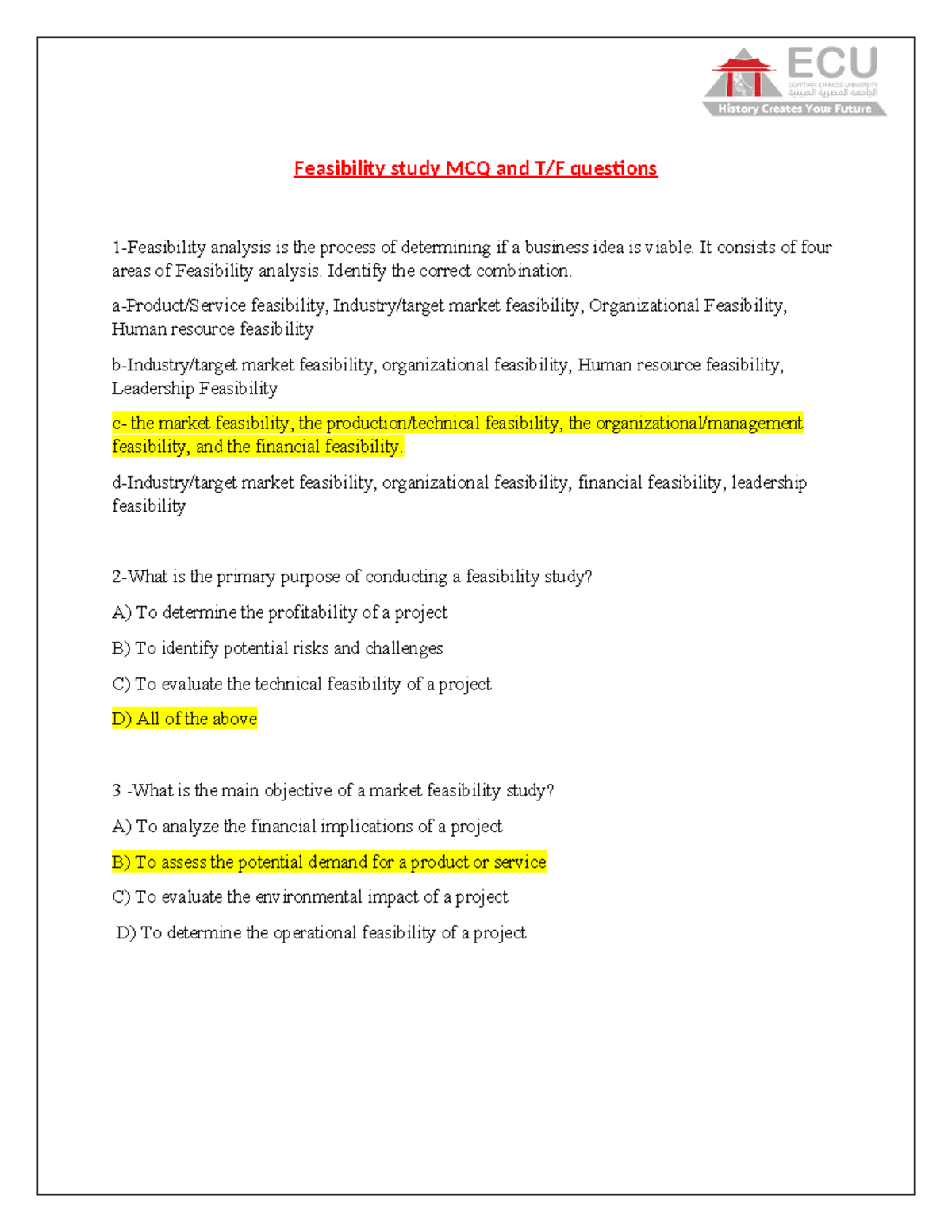Feasibility Study Questions 3 - Feasibility study MCQ and T/F questions ...