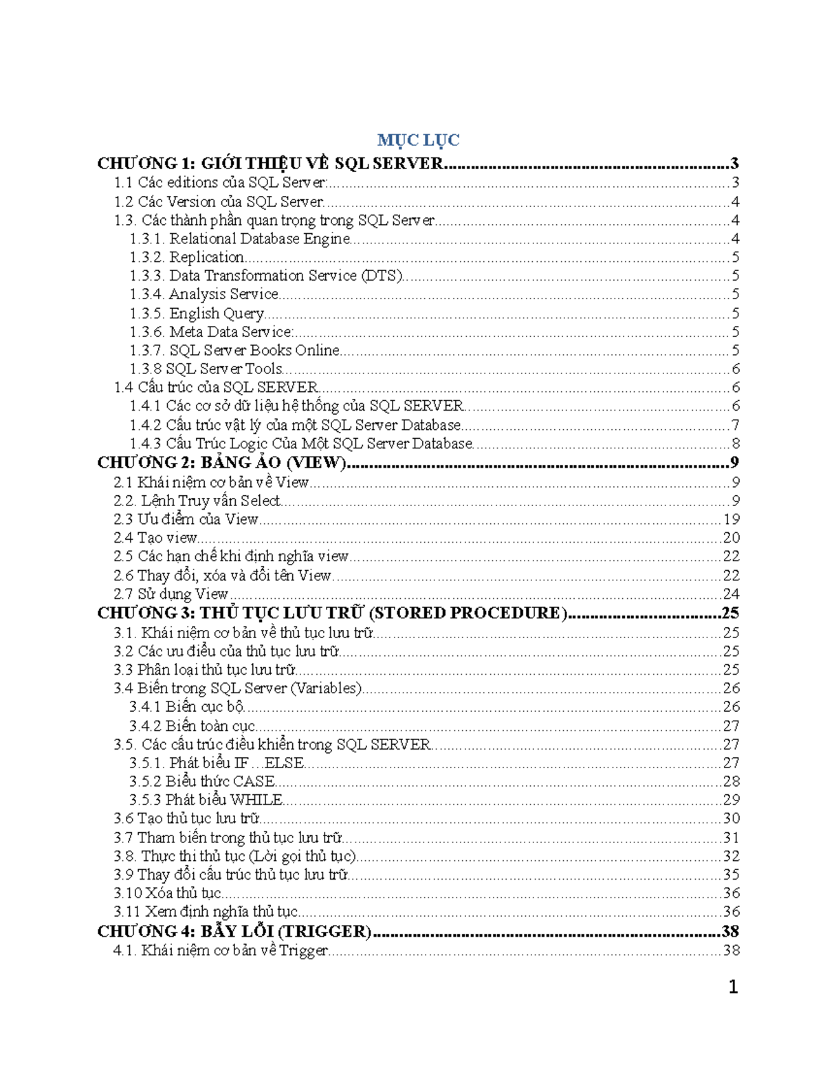 BAI Giang Hqtcsdl SQL Server - MỤC LỤC CHƯƠNG 1: GIỚI THIỆU VỀ SQL ...