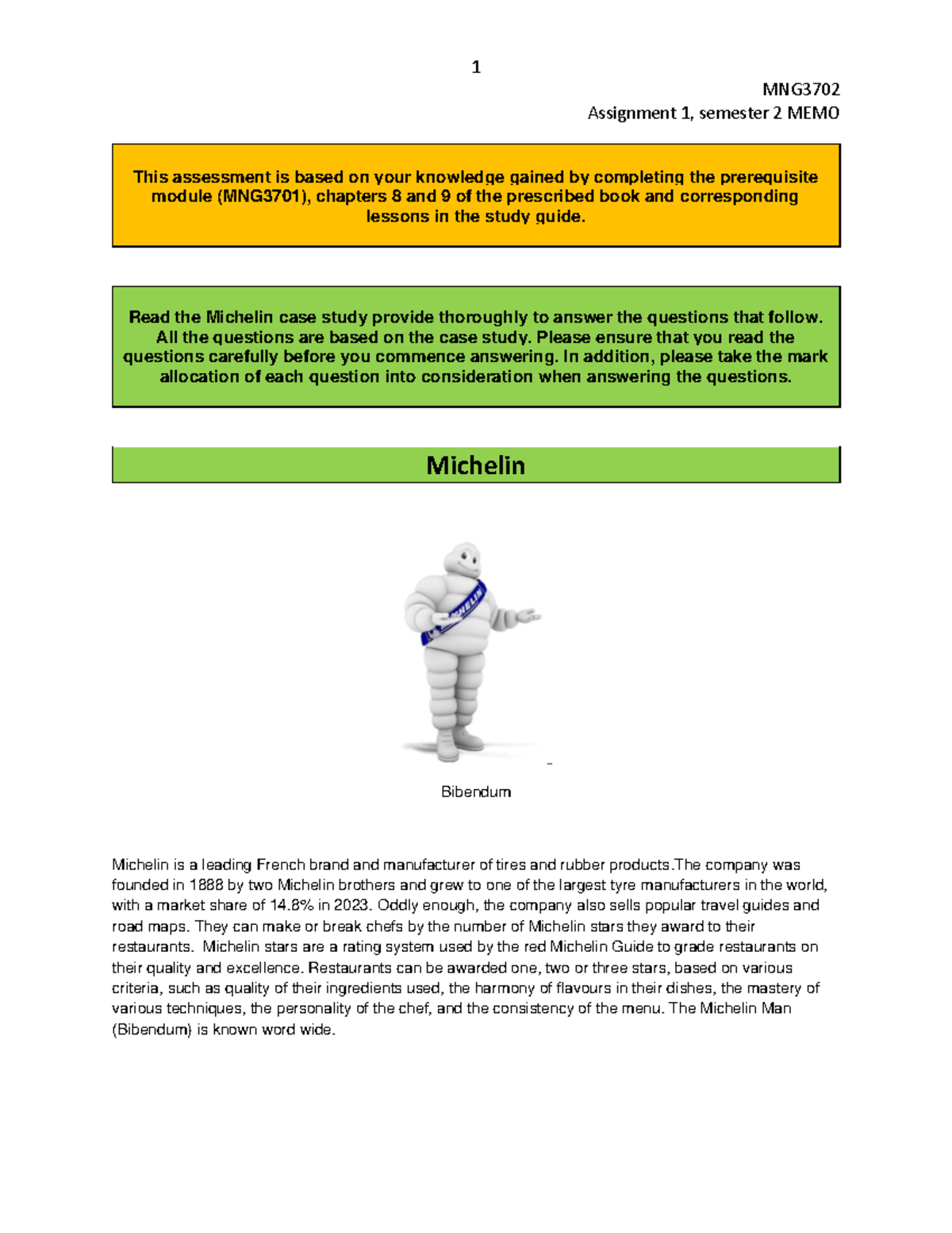 MNG3701 Ass 1, Semester 2 Memo - Suggested Answers Overview - Studocu
