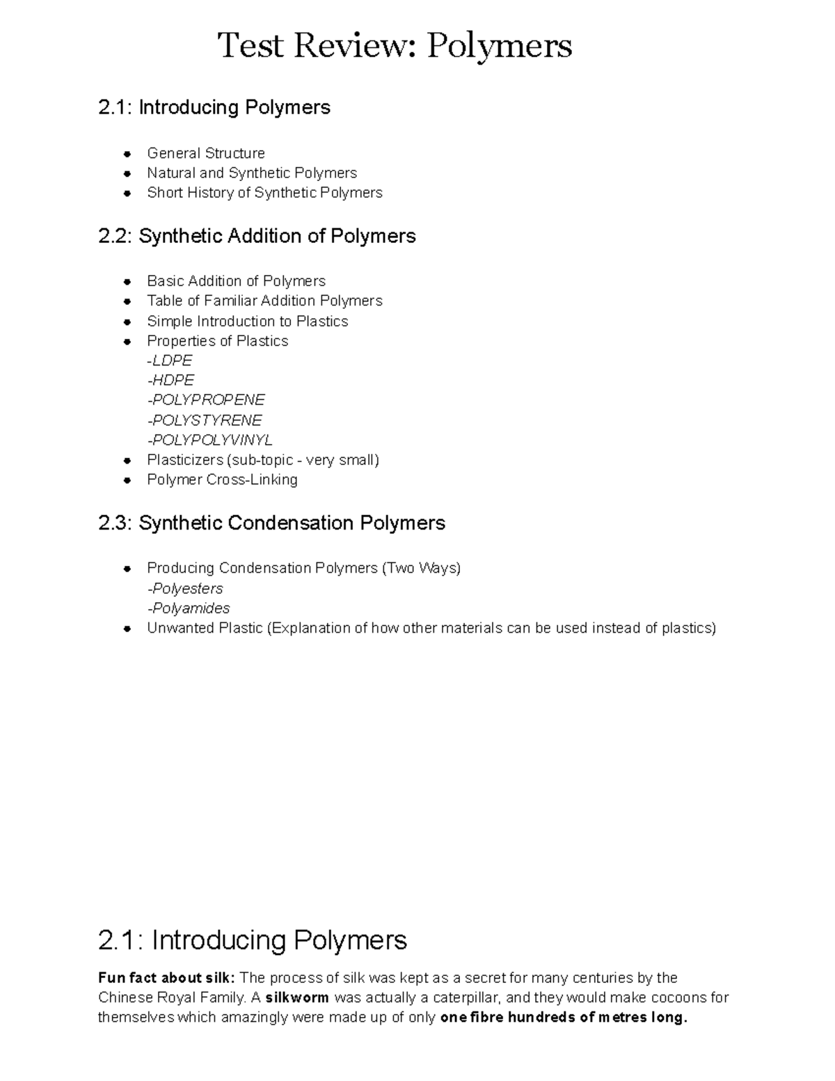 Test Review: Polymers (CHEM 101) - Structure, Types, and Properties ...