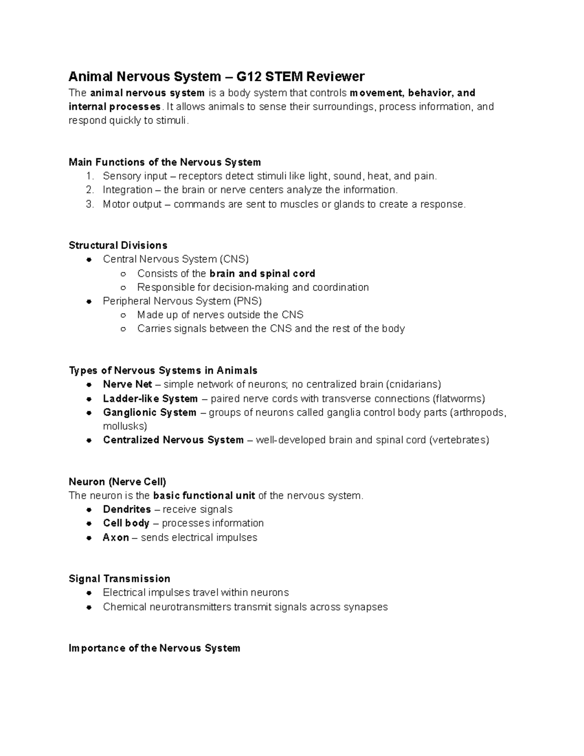 G12 STEM Reviewer: Overview of the Animal Nervous System - Studocu
