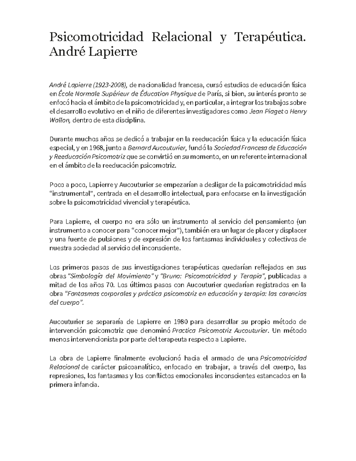 Psicomotricidad Relacional y Terapéutica de André Lapierre - Estudio ...