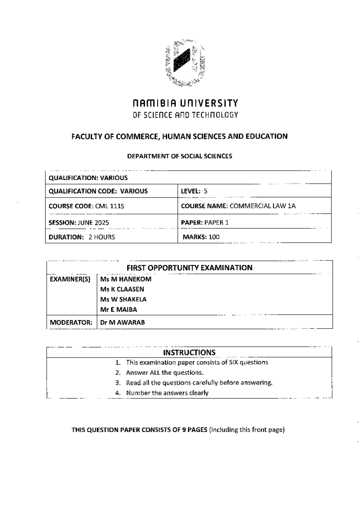 CML 111S Final Exam Paper 1 - Commercial Law 1A - Studocu