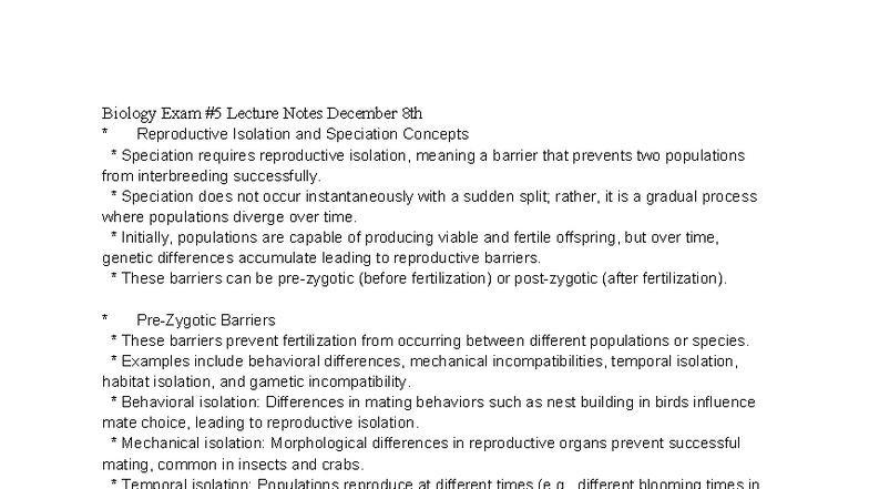 Biology Exam #5 Lecture Notes: Reproductive Isolation & Speciation ...