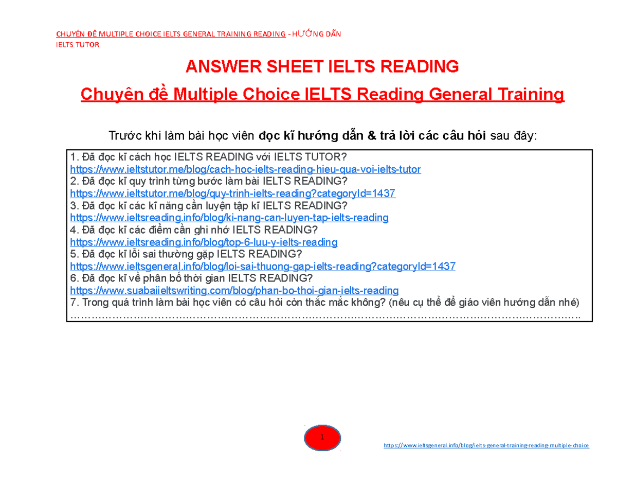 Answer Sheet for IELTS General Training Reading - Multiple Choice Guide ...