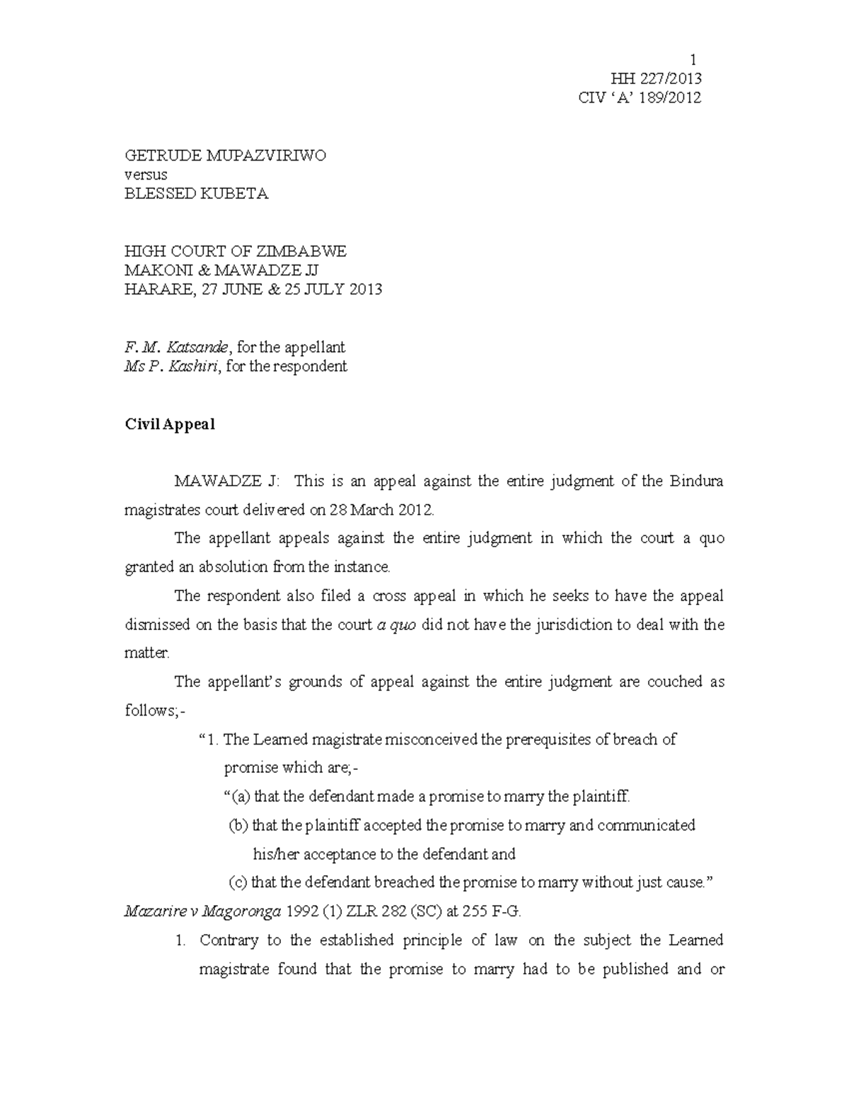 Civil Appeal 1 HH: Mupazviriwo vs Kubeta - Judgment Analysis - Studocu