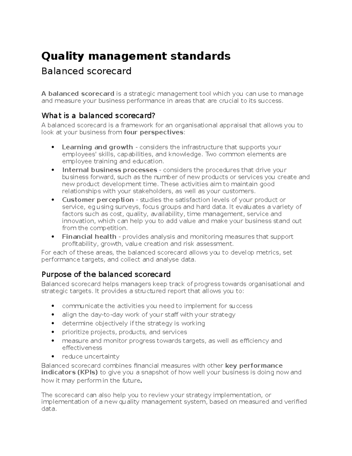 Balanced Scorecard Overview - Quality Management Insights - Studocu