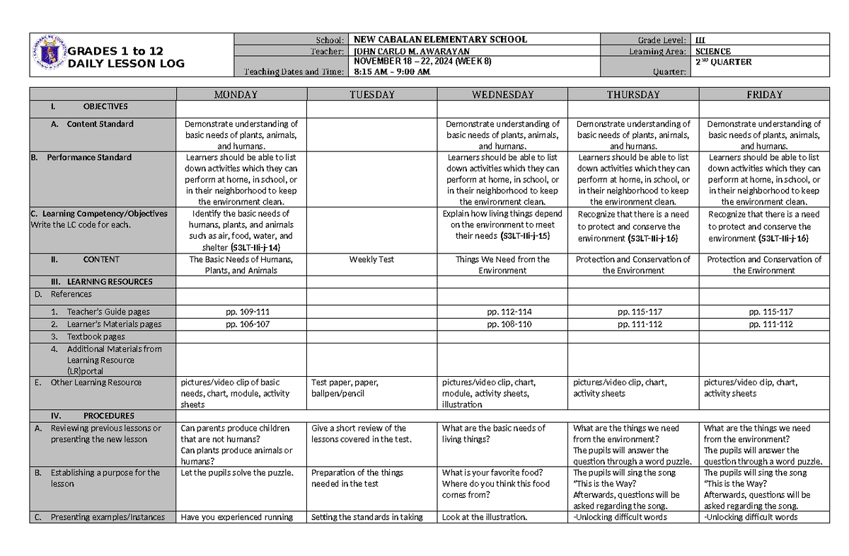 DLL Science Q2-WK8-JAN 8-12 ,2024 - GRADES 1 to 12 DAILY LESSON LOG ...
