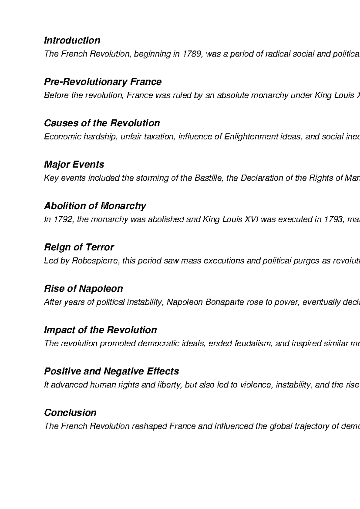 French Revolution Study Notes: Key Events & Impacts (University Level ...