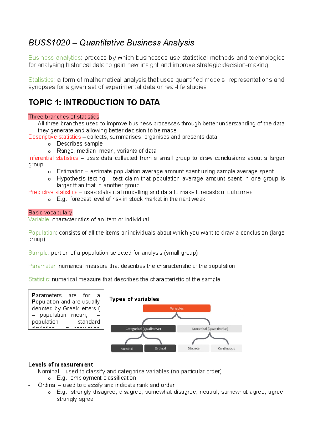 BUSS1020 notes - BUSS1020 – Quantitative Business Analysis Business ...