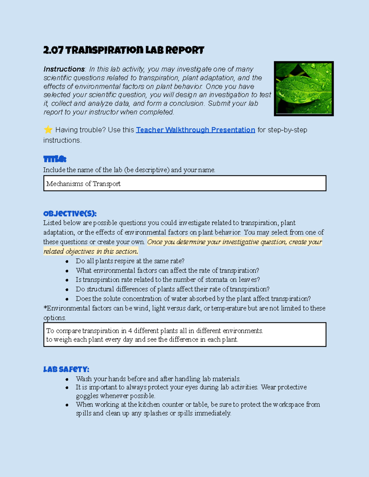Transpiration Lab Report (2.07): Investigating Plant Behavior Factors ...