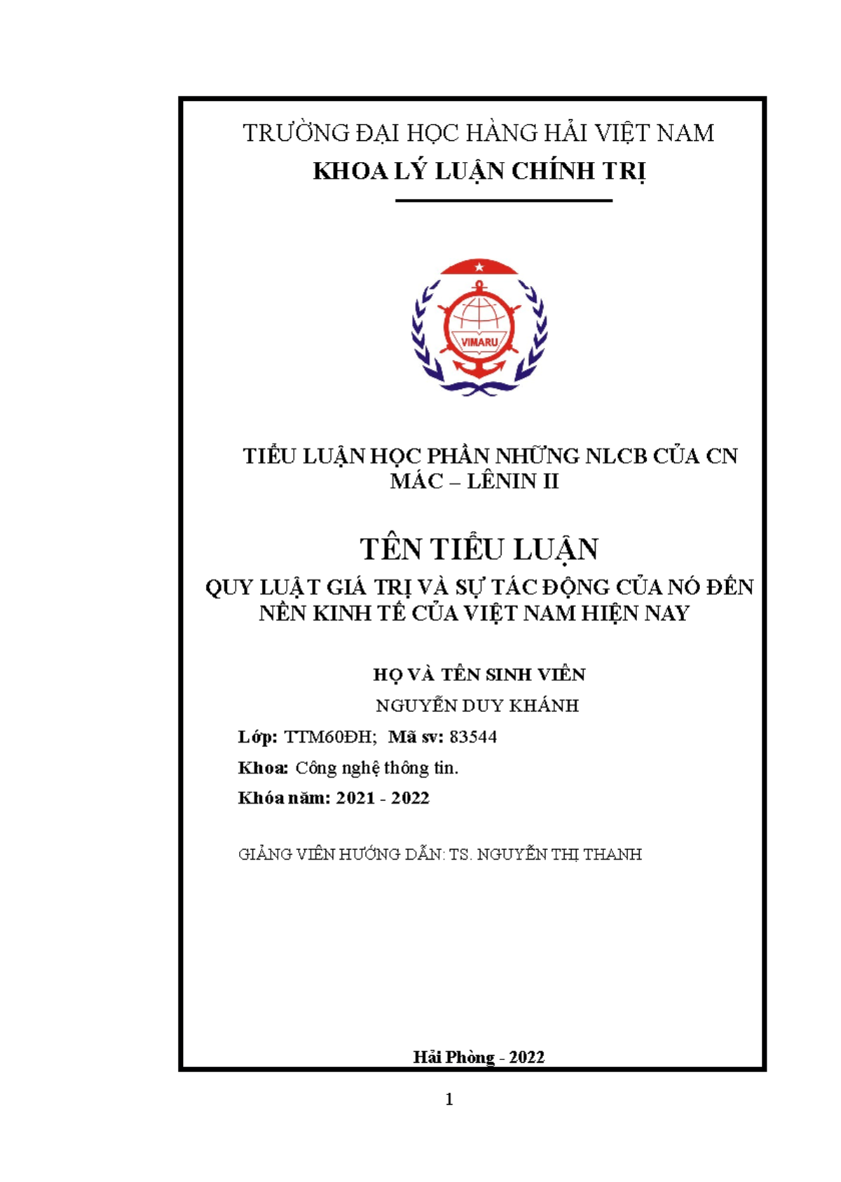 Tiểu Luân NLCB 2 - no more - TRƯỜNG ĐẠI HỌC HÀNG HẢI VIỆT NAM KHOA LÝ ...