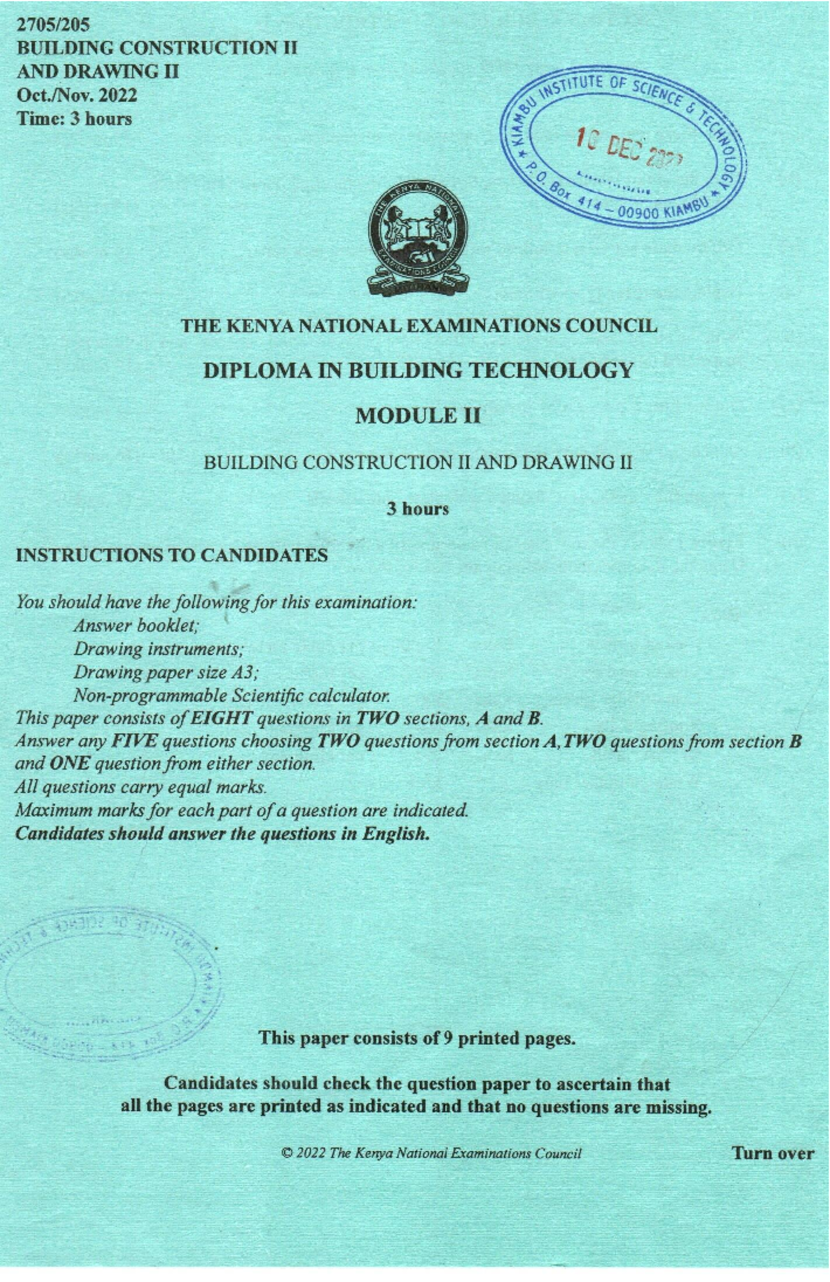 Building Construction II & Drawing II Module II Exam Paper - Dec 2022 ...