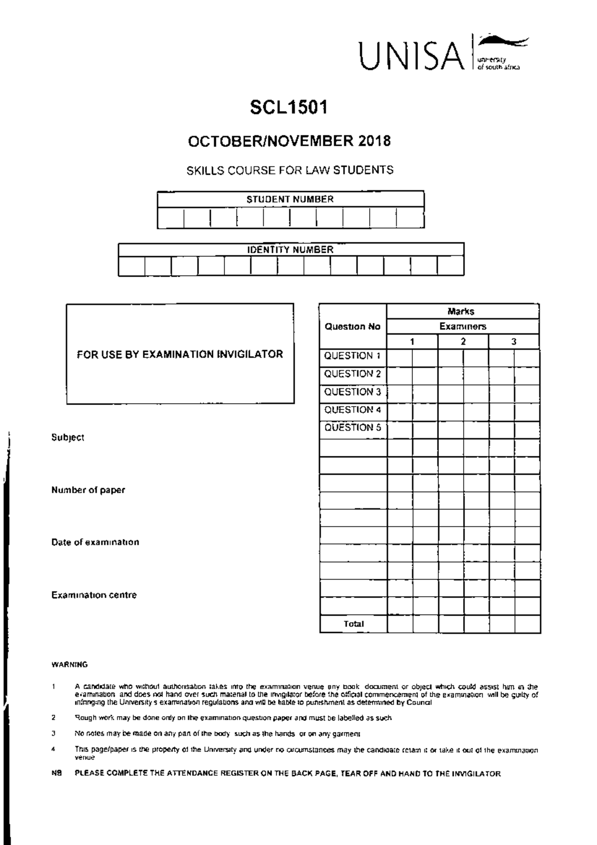 SCL1501 October/November 2018 Exam Questions for Law Skills Course ...