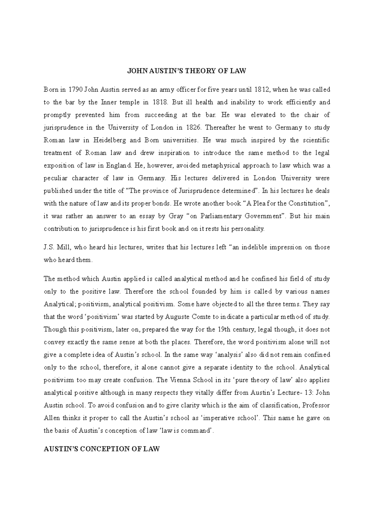 Austin'S Theory OF LAW - JOHN AUSTIN’S THEORY OF LAW Born in 1790 John ...