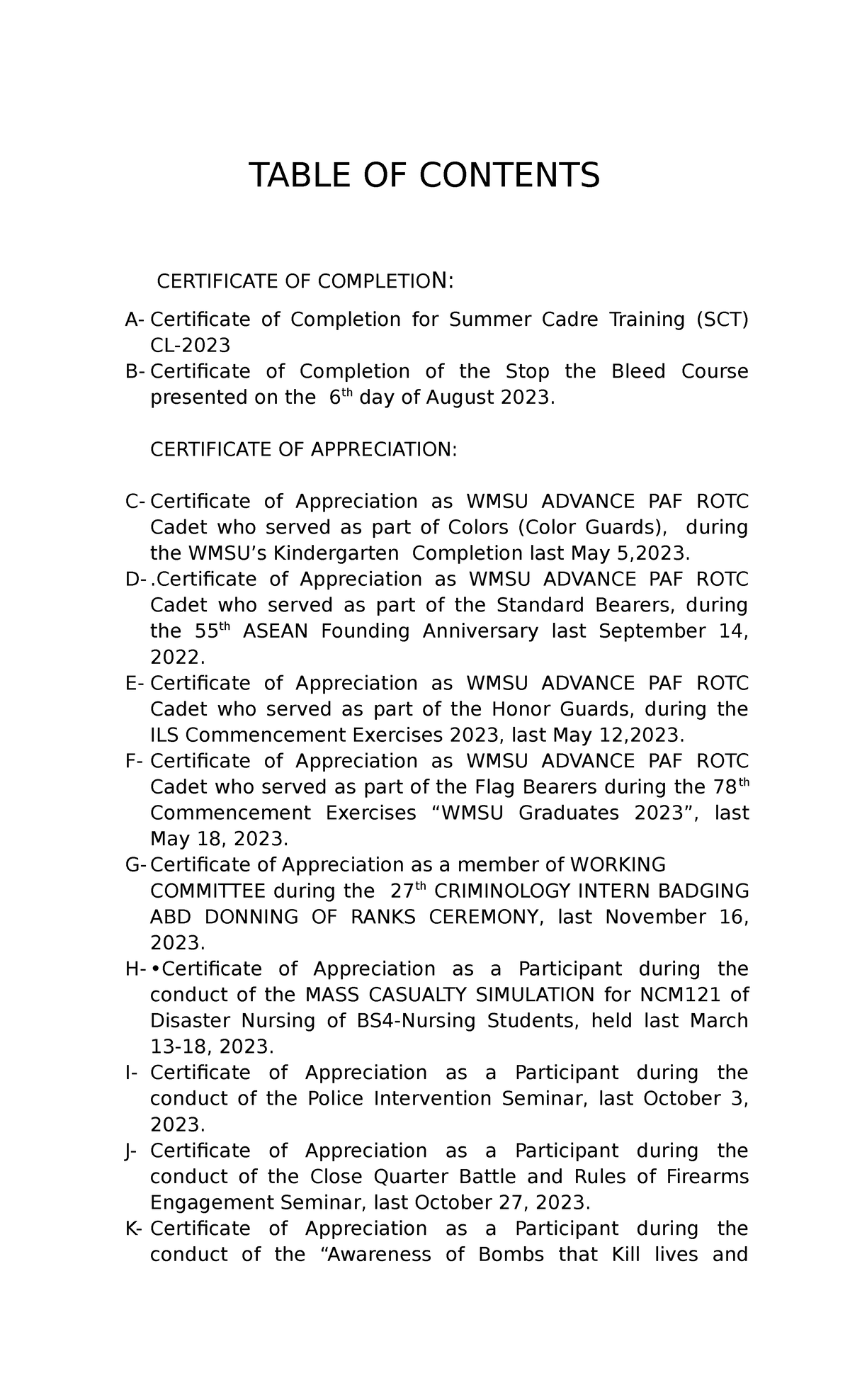 Table OF Contents - TABLE OF CONTENTS CERTIFICATE OF COMPLETION: A- Certificate of Completion ...