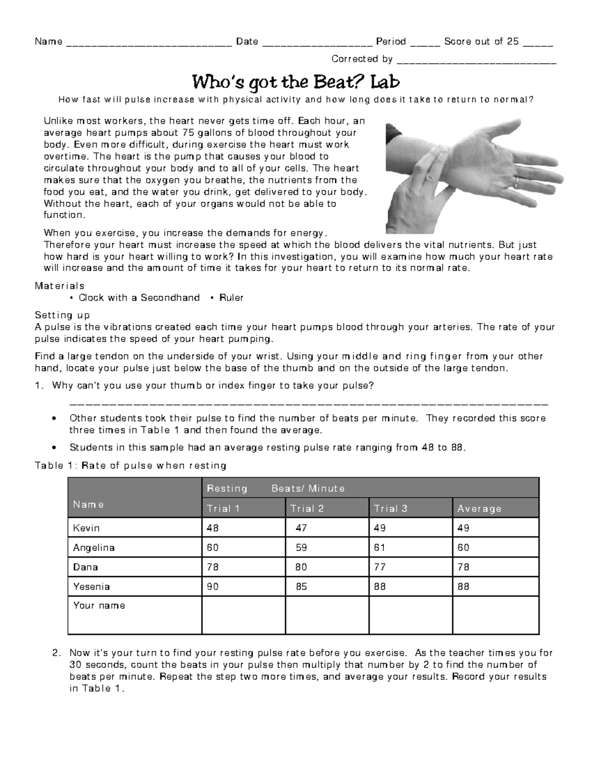 4 WHOS GOT THE BEAT? LAB: HEART RATE RESPONSE TO EXERCISE - Studocu