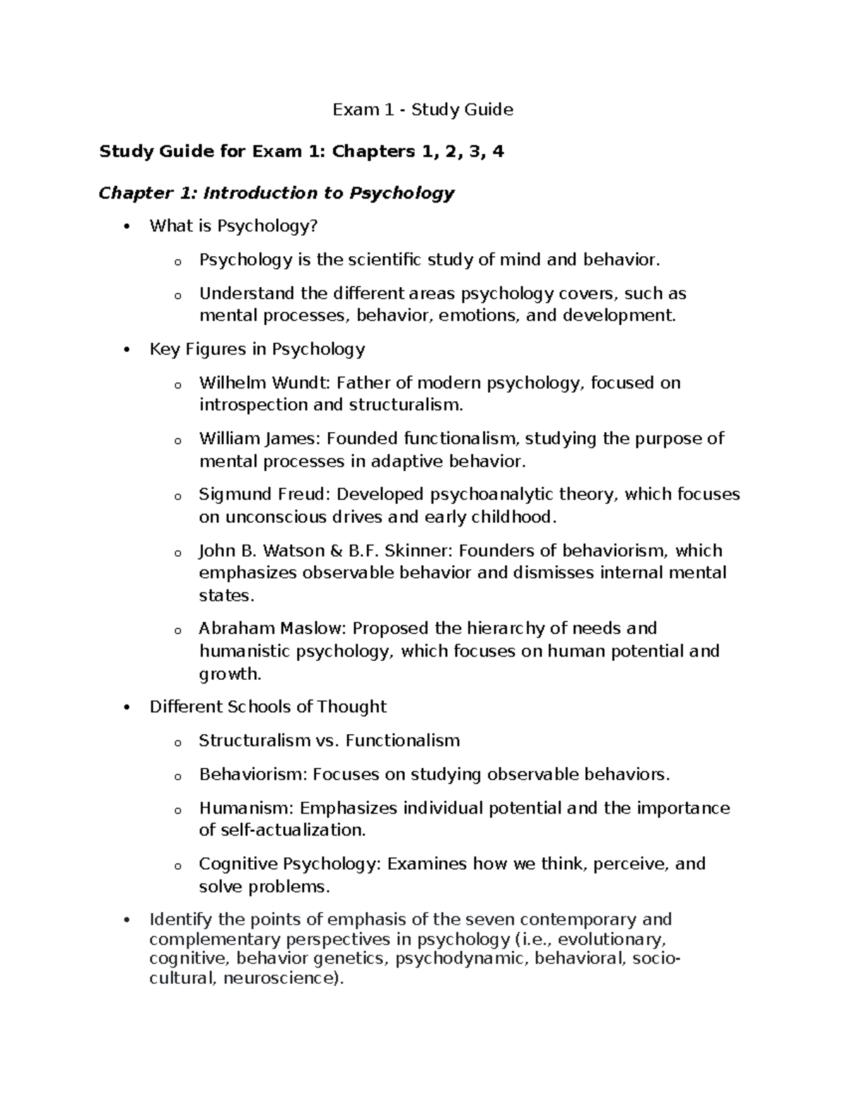 Psychology 101 - Exam 1 Study Guide: Chapters 1-4 Overview - Studocu