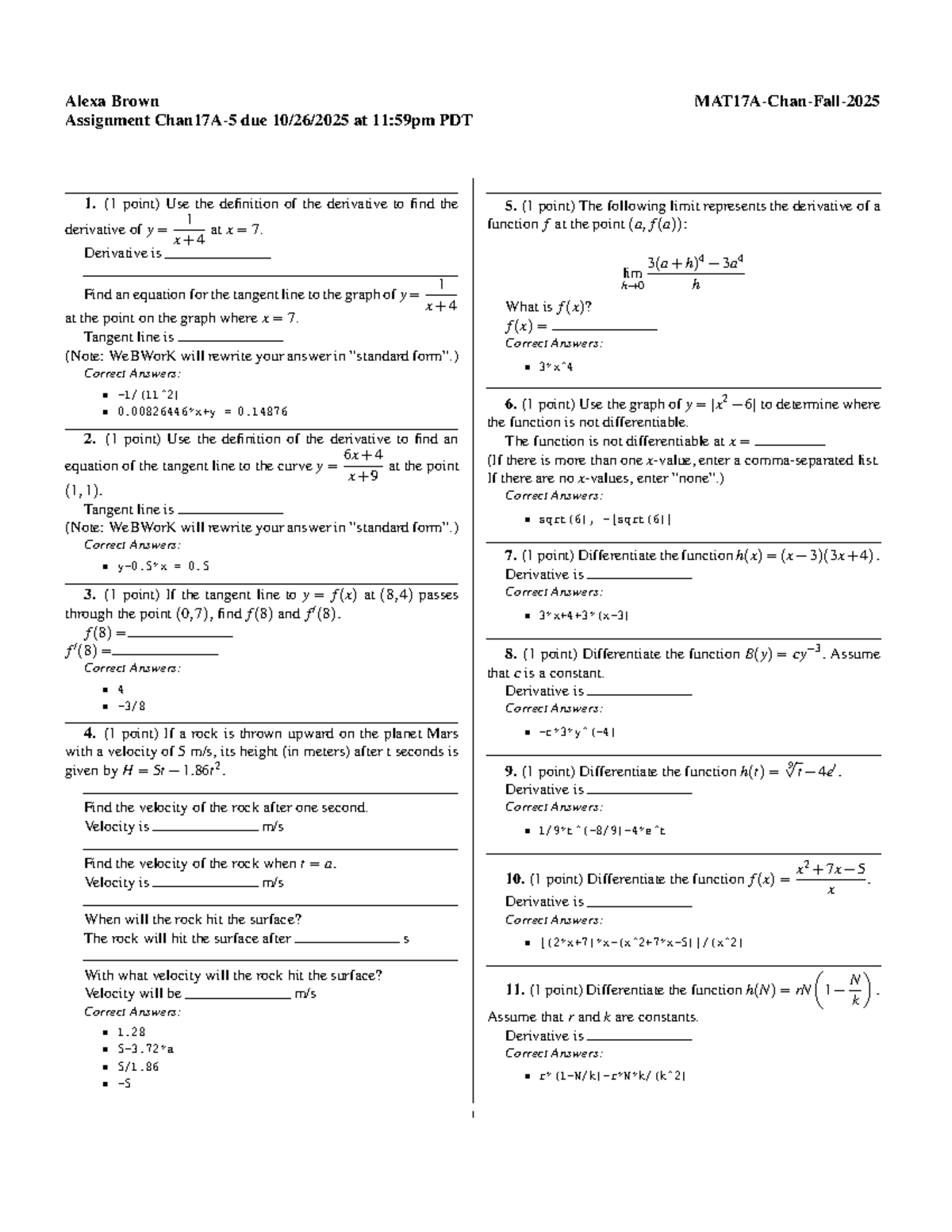 MAT17A Chan Fall 2025 - Derivative and Tangent Line Practice - Studocu