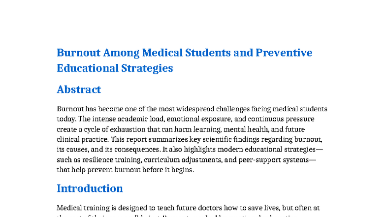 Burnout Among Medical Students: Causes & Preventive Strategies - Studocu