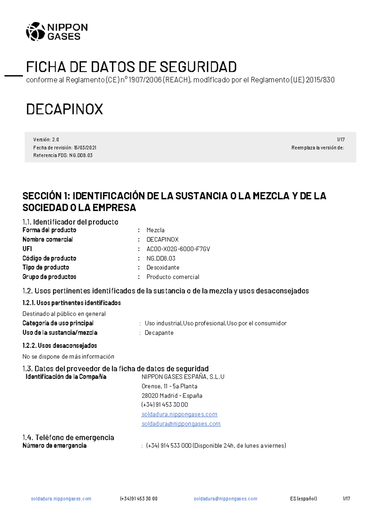 Ficha de Datos de Seguridad NG.DD8.03 - Gel Decapante DECAPINOX - Studocu