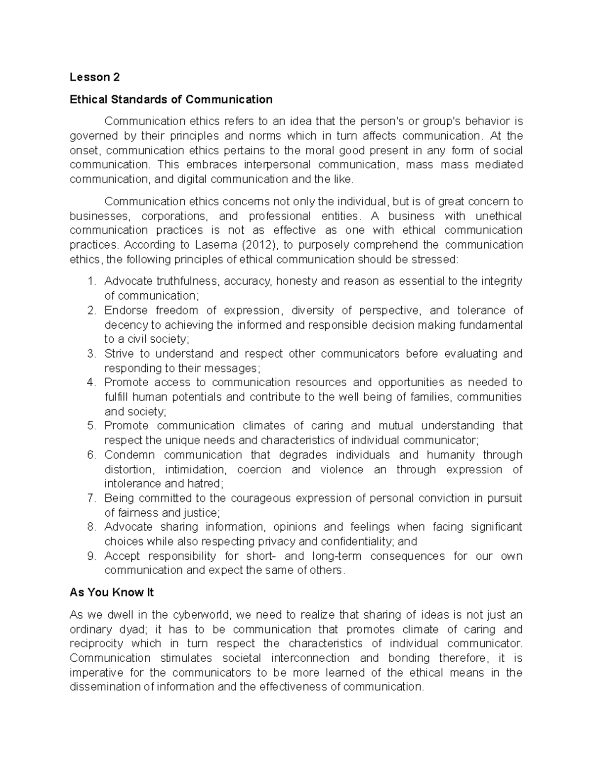 Ethics in Communication: Lesson 2 on Standards and Practices - Studocu