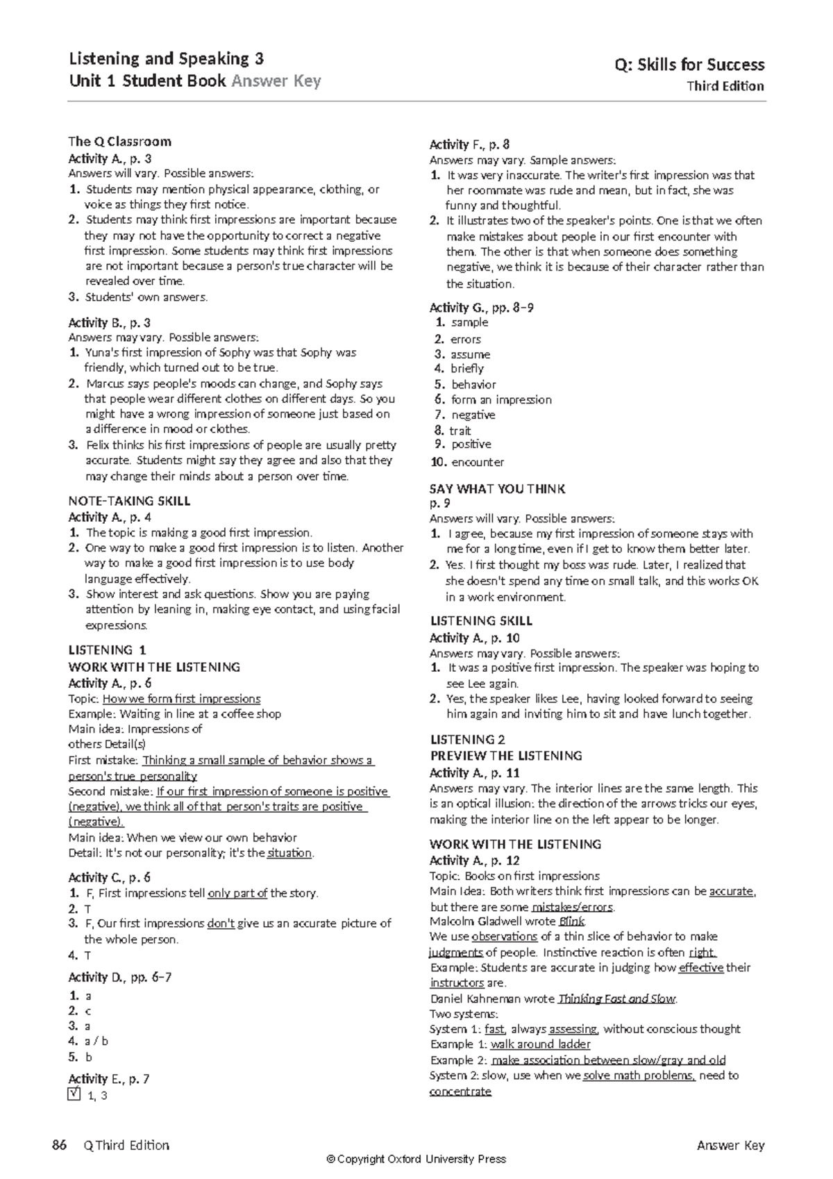 Listening and Speaking 3 Unit 1 Answer Key - Q: Skills for Success ...