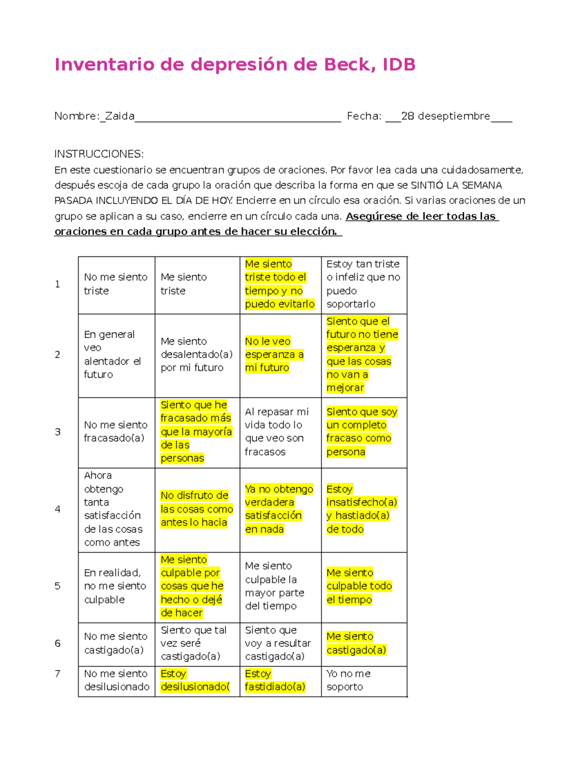 Depresion beck - Inventario de depresión de Beck, IDB - Studocu