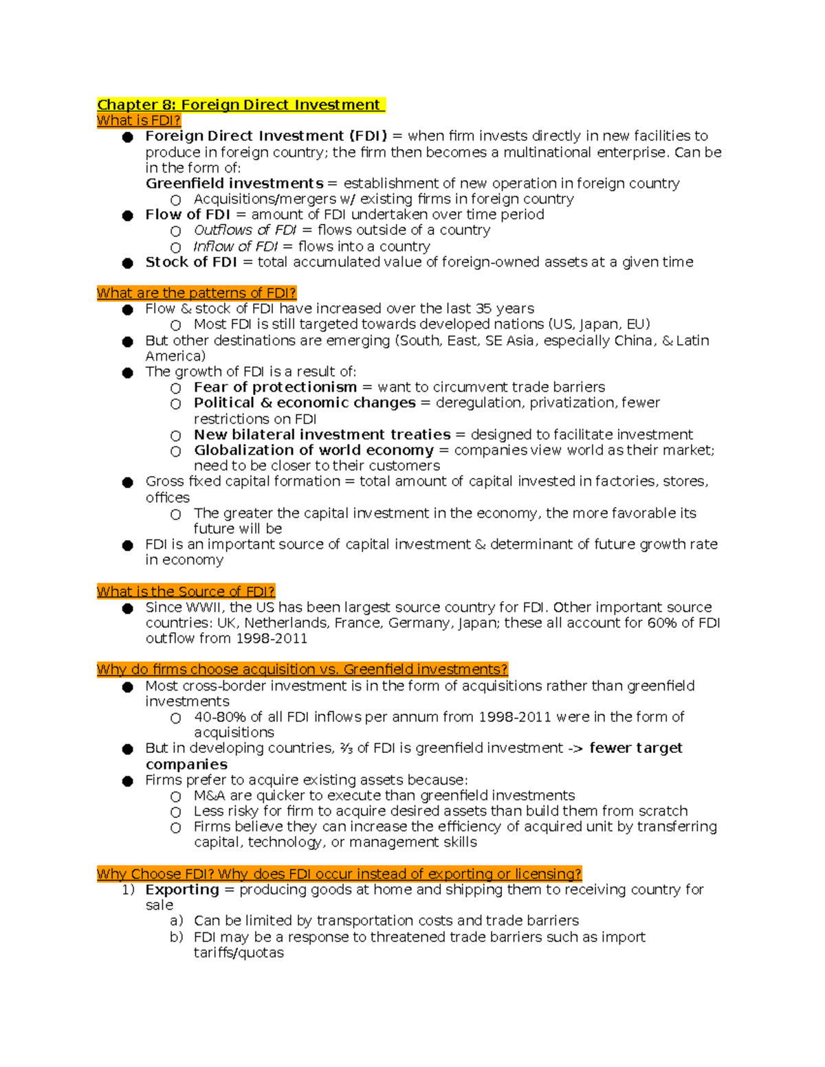 Chapter 8-14 Lecture Notes - Chapter 8: Foreign Direct Investment What ...