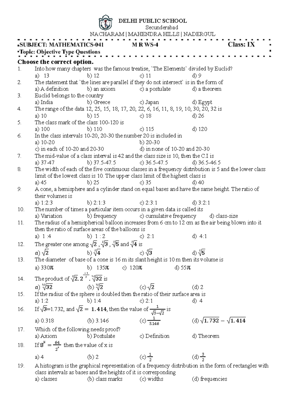 Objective guaranteed questions class 9 math - DELHI PUBLIC SCHOOL ...