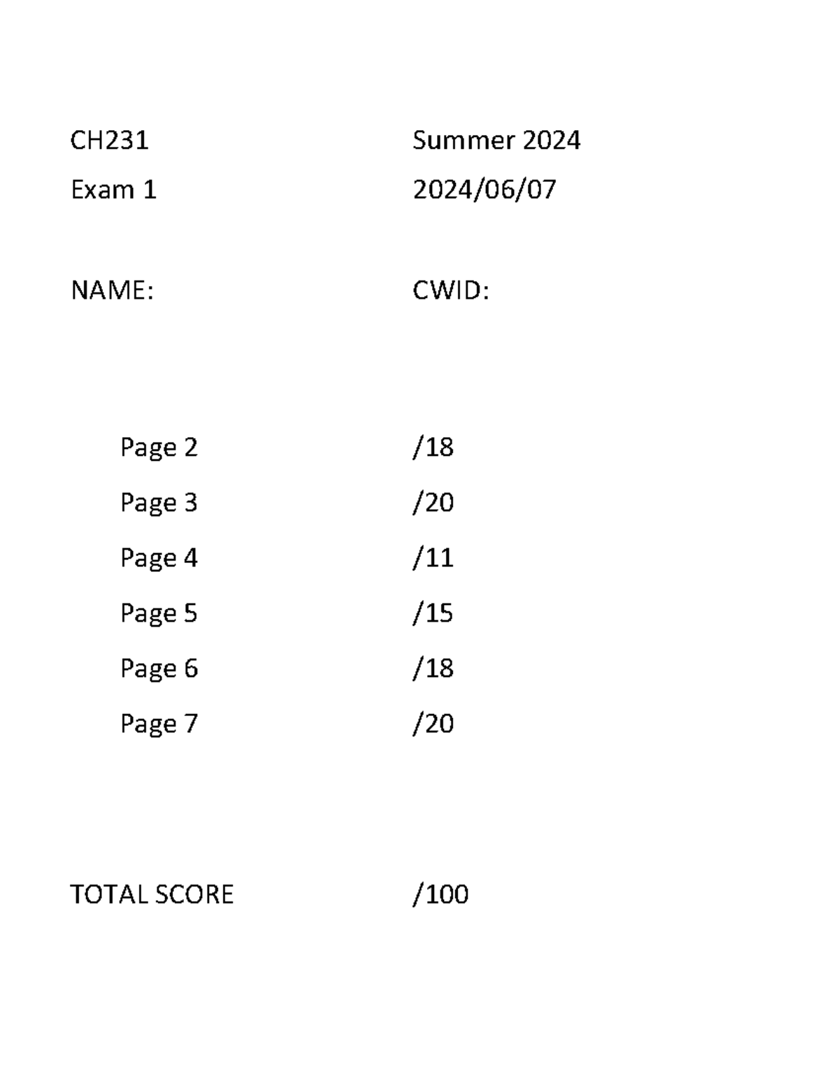 CH231 Summer 2024 Exam 1 Practice Questions and Answers - Studocu