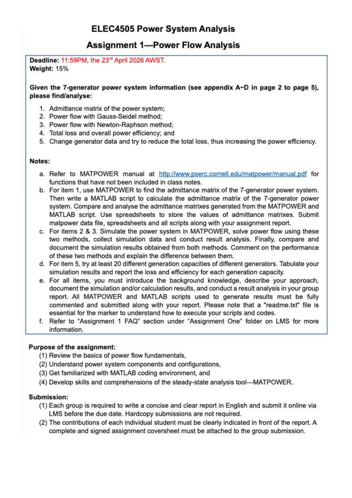 ELEC4505 Power System Analysis Assignment 1: Flow Analysis 2026S1 - Studocu