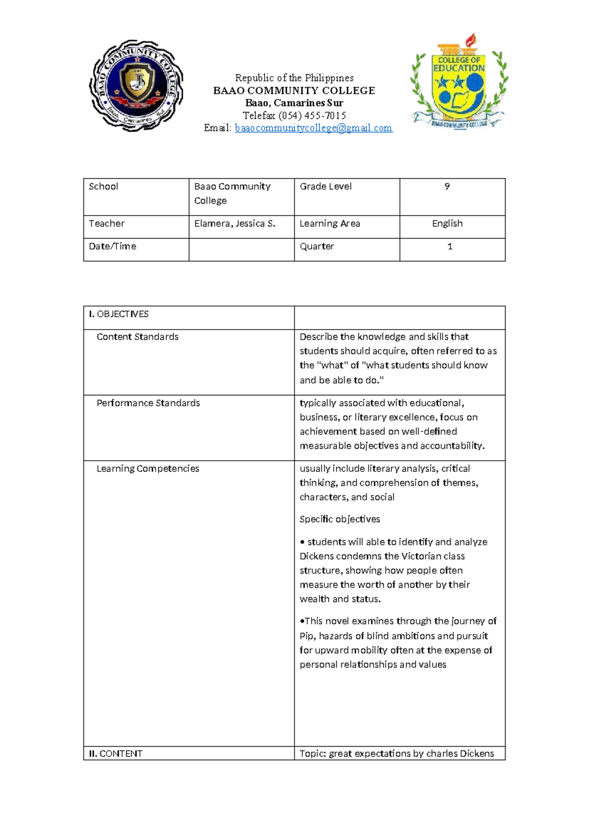 Grade 9 English Lesson Plan: Analyzing "Great Expectations" by Dickens ...