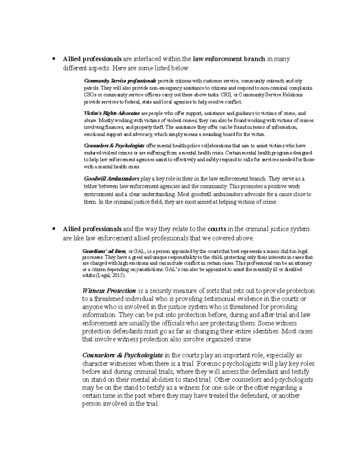 Criminal Justice Project Draft Week 3 - Allied professionals are ...