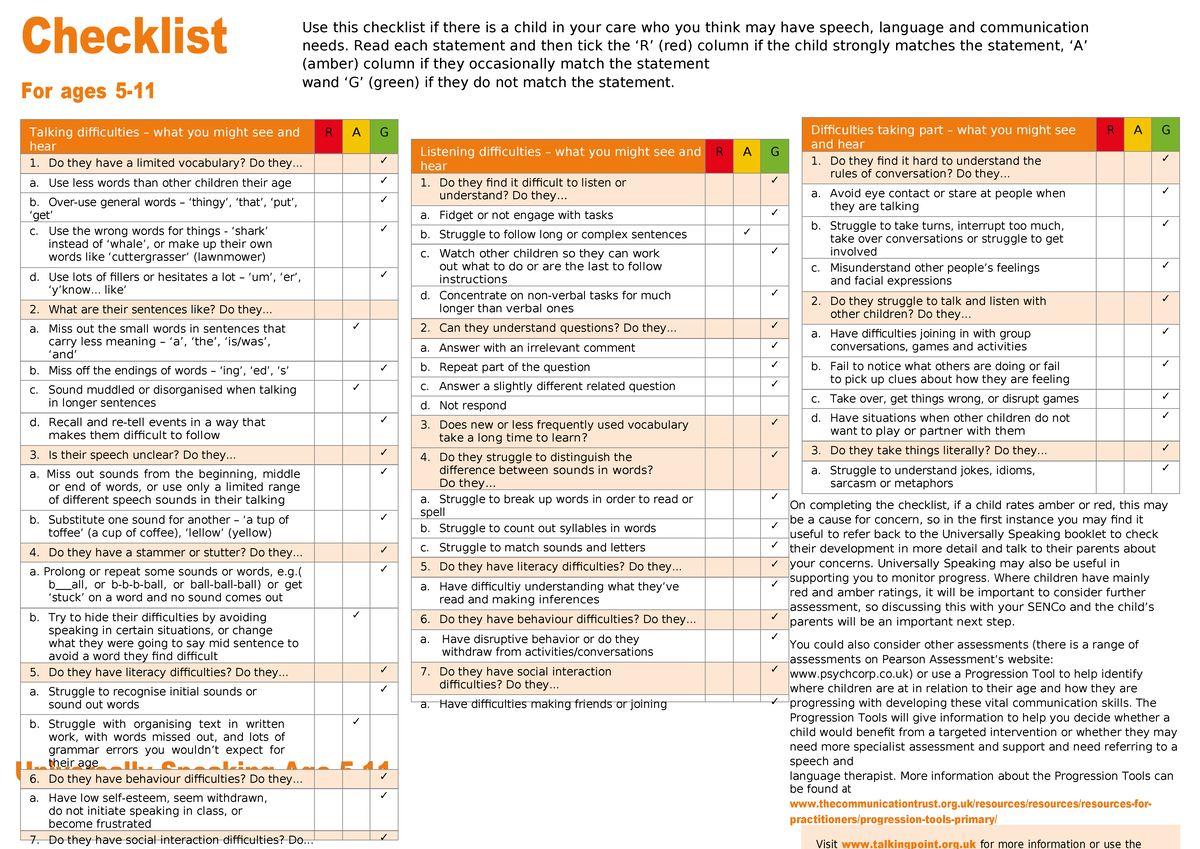 Speech & Language Needs Checklist (SNED 4) for Ages 5-11 - Studocu