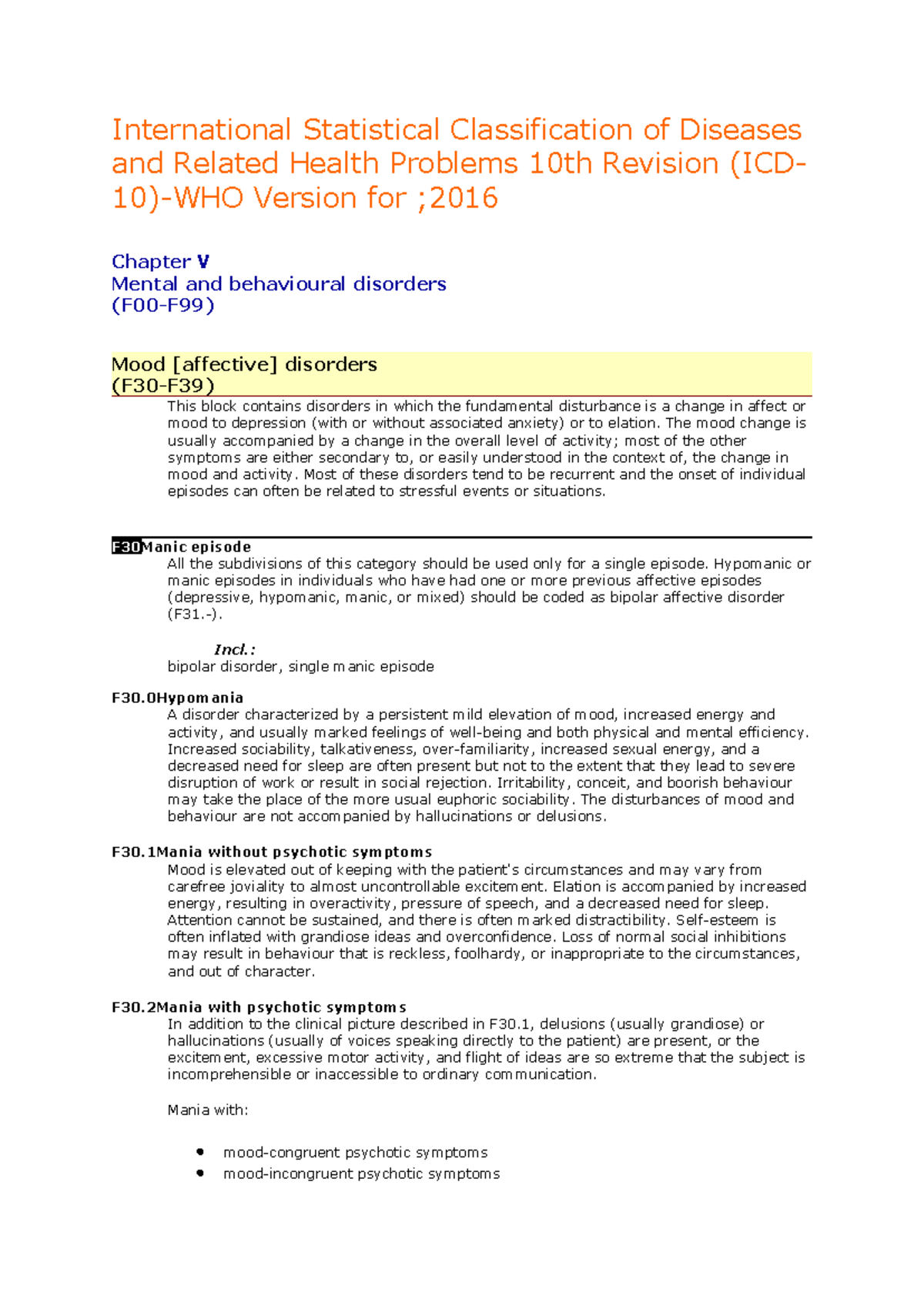 ICD-10 Chapter V: Mood Disorders Overview and Classification - Studocu