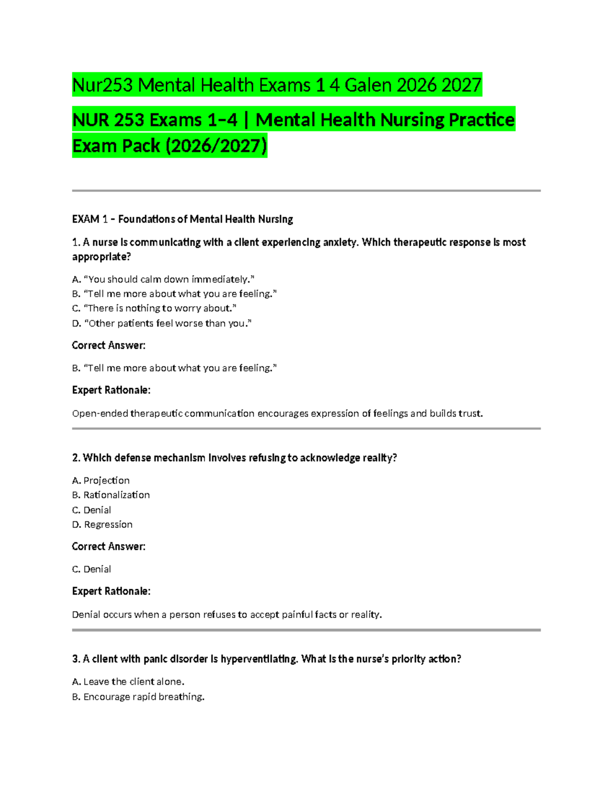 NUR 253 Mental Health Nursing Practice Exam Pack: Exams 1-4 (2026-2027 ...